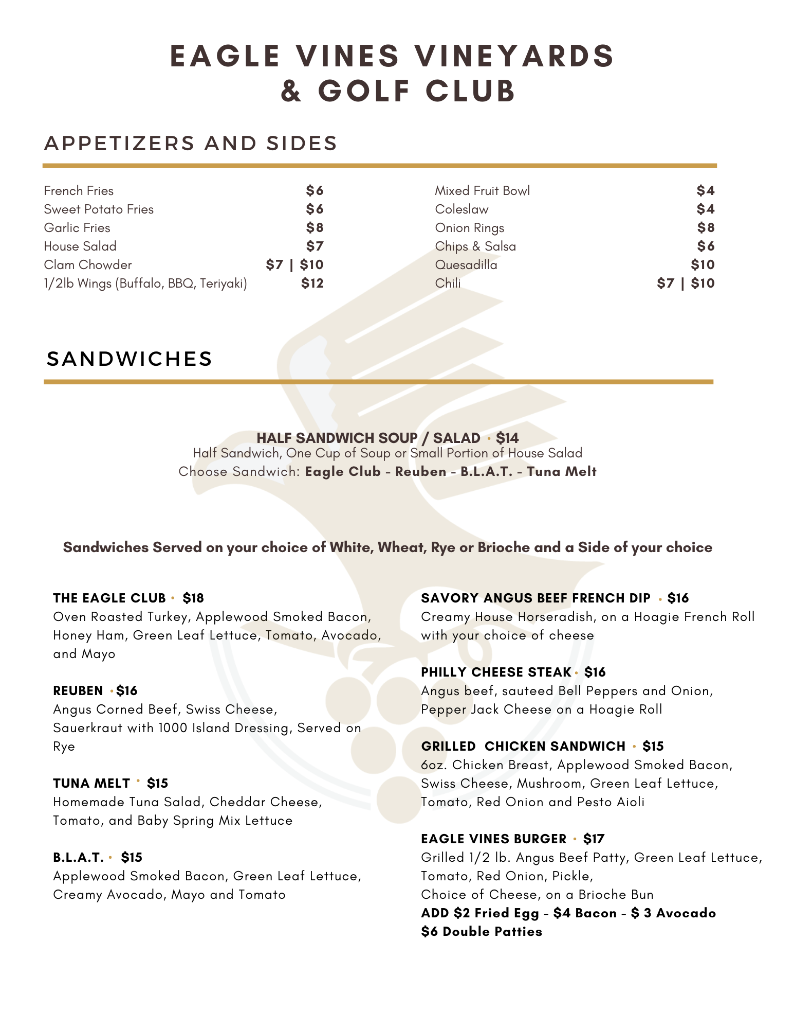 The Eagle Grill Menu - Eagle Vines Golf Club