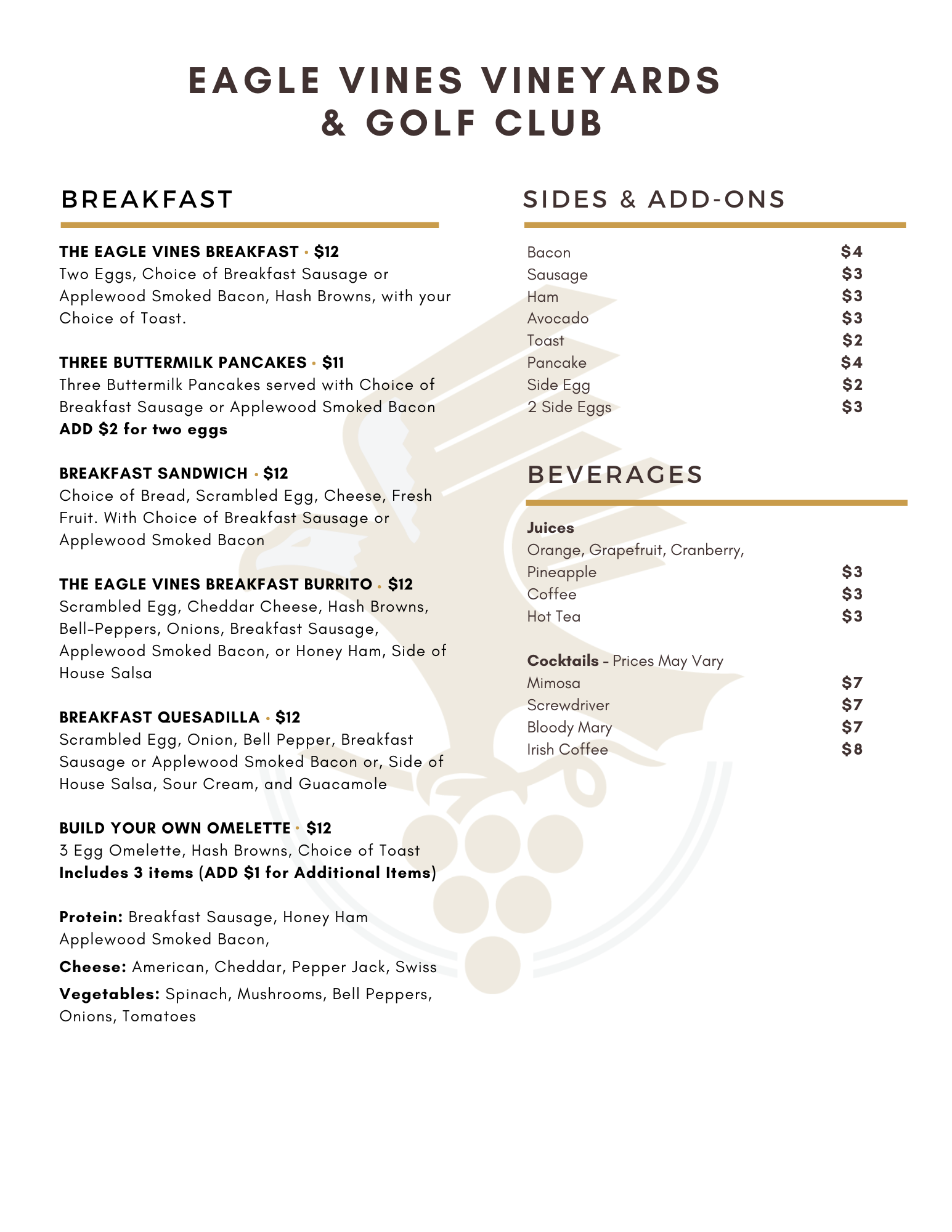 The Eagle Grill Menu - Eagle Vines Golf Club