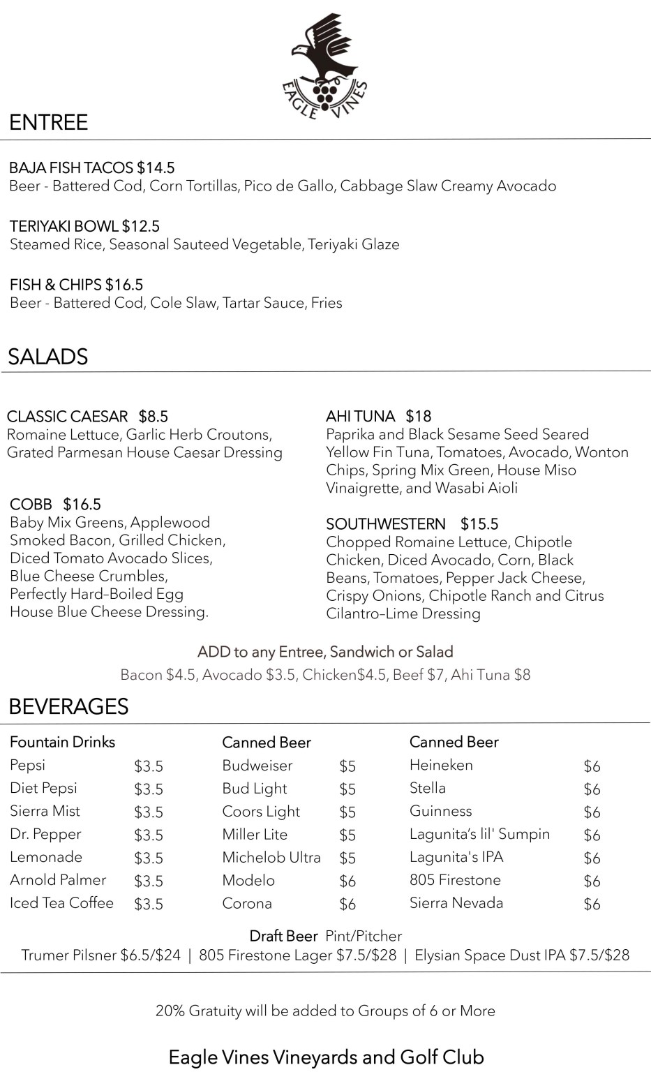 The Eagle Grill Menu - Eagle Vines Golf Club